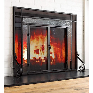 Plow & Hearth Metal Fireplace Screen Glass Flatguard Black | 38" W x 31" H | 2 - Door | Spark Guard Indoor Grate | Iron Fire Place Cover | Wood Burning Stove Decorative Accessories