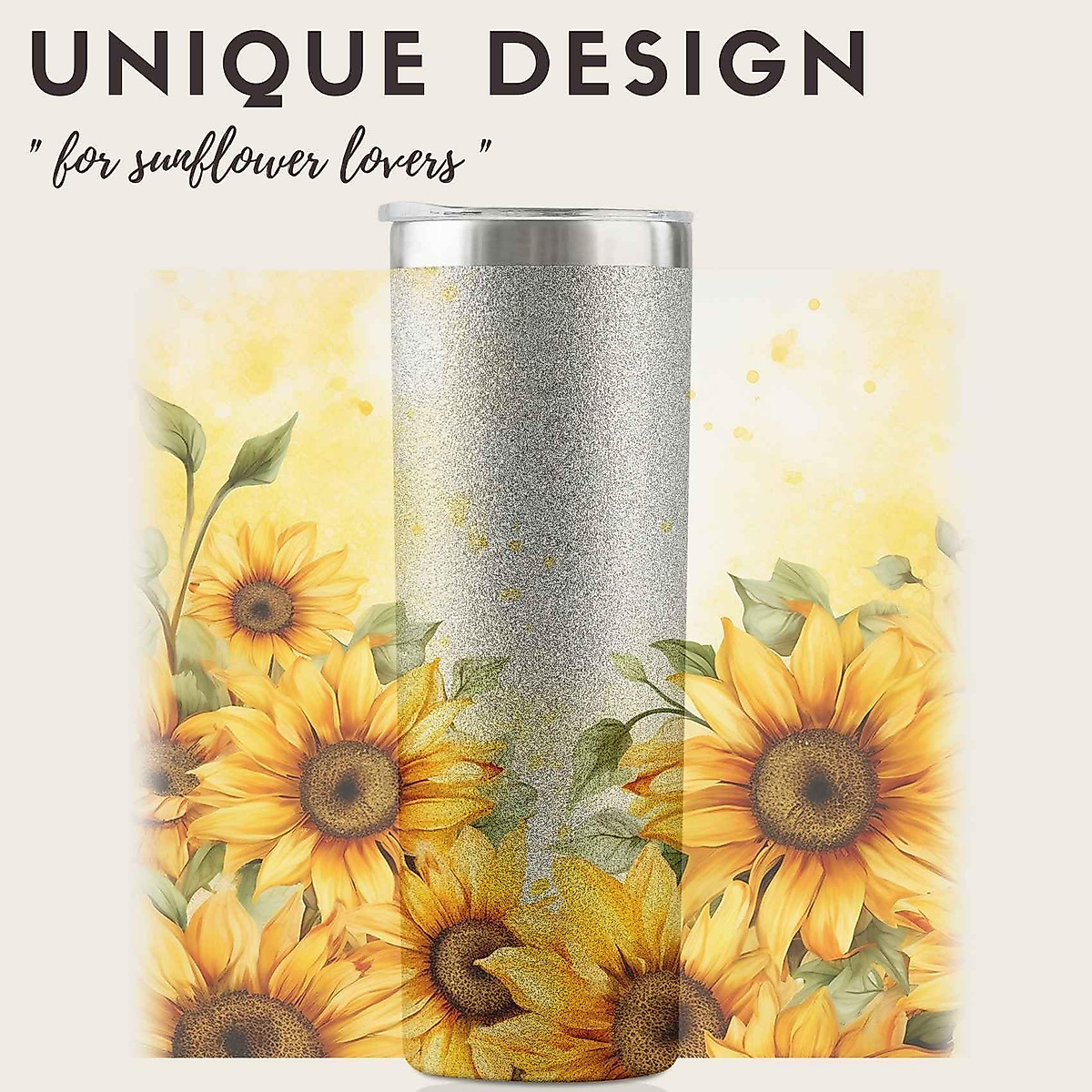 Onebttl Sunflower Gifts for Sunflower Lovers, 20oz Insulated Stainless Steel Tumblers with Lids and Straws, Sunflower Gifts for Best Friend, Christmas, Birthday - Glitter
