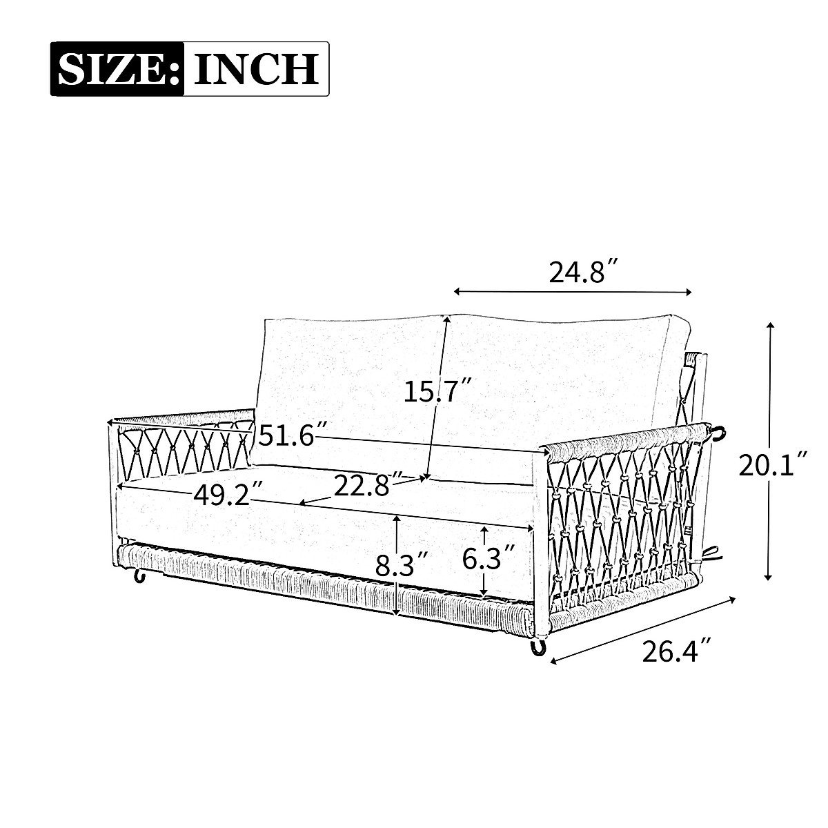 Quarte 1-Piece Woven Rope Outdoor Swing Sofa, 2-Person Porch Swing Bench with Soft Cushions, Patio Furniture for Garden, Backyard, Poolside (Beige/Rope)