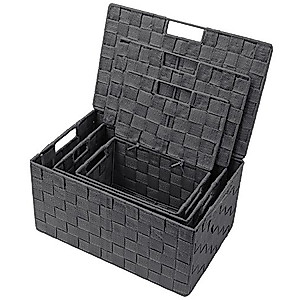Sorbus Storage Box Woven Basket Bin Container Tote Cube Organizer Set Stackable Storage Basket Woven Strap Shelf Organizer Built-In Carry Handles (Lid Bins - 3 Pack, Gray)