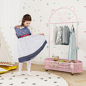 Costzon Kids Clothing Rack, Height Adjustable Kids Dress Up Storage for Hanging Clothes, Metal Garment Rack with Storage Basket, Wheels, Clothes Rack for Kids Room, Playroom, Bedroom (Pink)