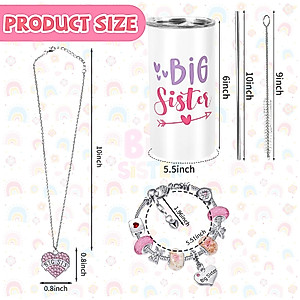 CIXICM 3 Pcs Big Sister Gift 12 oz Pink Sister Cup Stainless Steel Mug Vacuum Insulated Tumbler with Leak Proof Lid and Straw Sister Bracelet Sister Announcement Jewelry for Little Girl