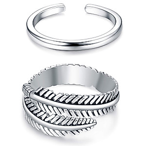 JOERICA 925 Sterling Silver Rings for Women Adjustable Feather Ring Statement Leaf Ring Open Stackable Plain Wedding Band Ring