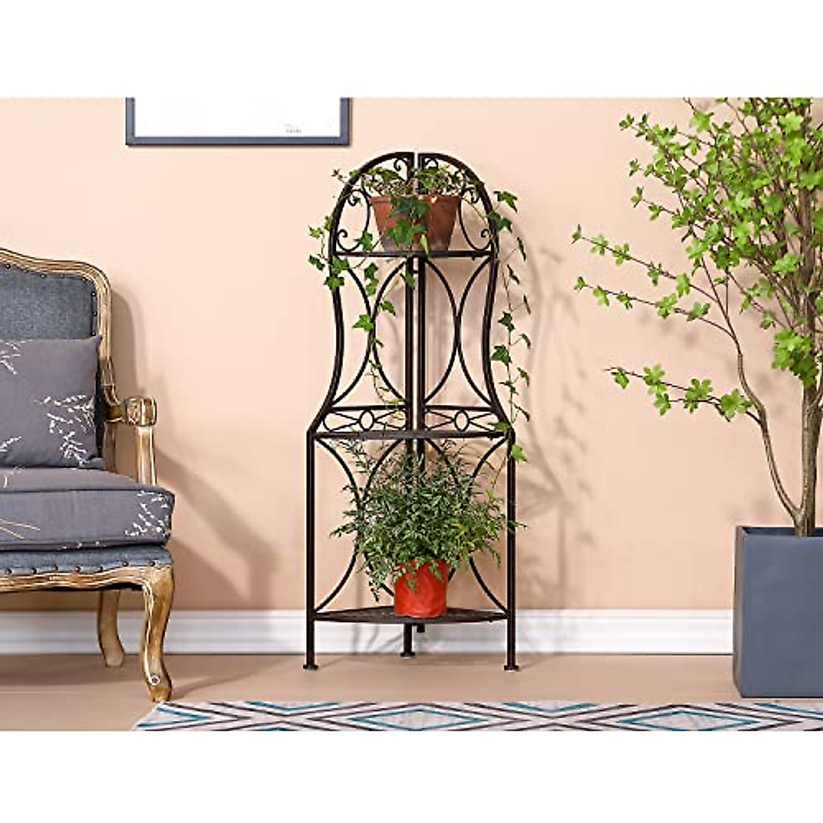 XAONIEN 3 Tier Metal Corner Shelf Stand for Kitchen Free Standing Corner Shelf, Bakers Rack, Antique Bronze