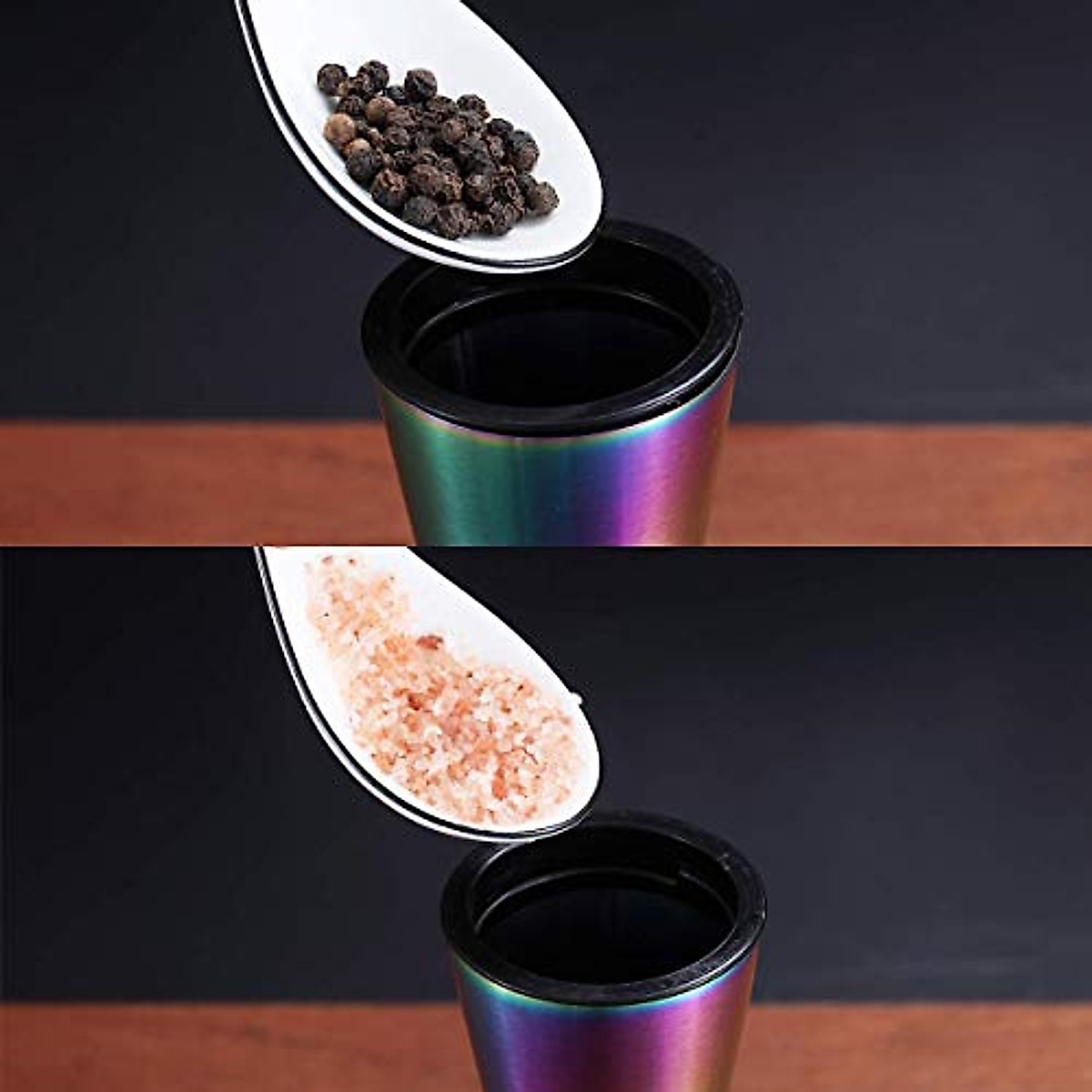 Rainbow Salt And Pepper Shakers, Kyraton Titanium Plating Stainless Steel Salt And Pepper Grinders Refillable Pepper Grinder, Pepper Mill, Salt Grinder, Salt Shaker, Salt Pepper Shaker Set of 2