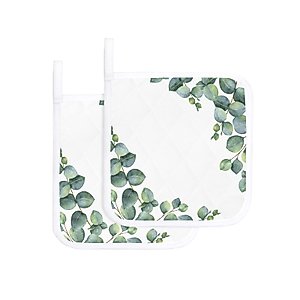 2Pack Pot Holders Cotton Heat Resistant Oven Hot Pads, Plant Potholder Machine Washable Cloth Potholders for Daily Kitchen Baking and Cooking with Hanging Loops - Green Fresh Eucalyptus Leaves