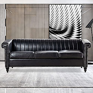 KUVENQIW Black Couches for Living Room Faux Leather Sofa Classic Large 3 Seater Couch Mid Century Modern Couch Deep Stripe Tufted Sofa for Bedroom, Office, Apartment.(Black)
