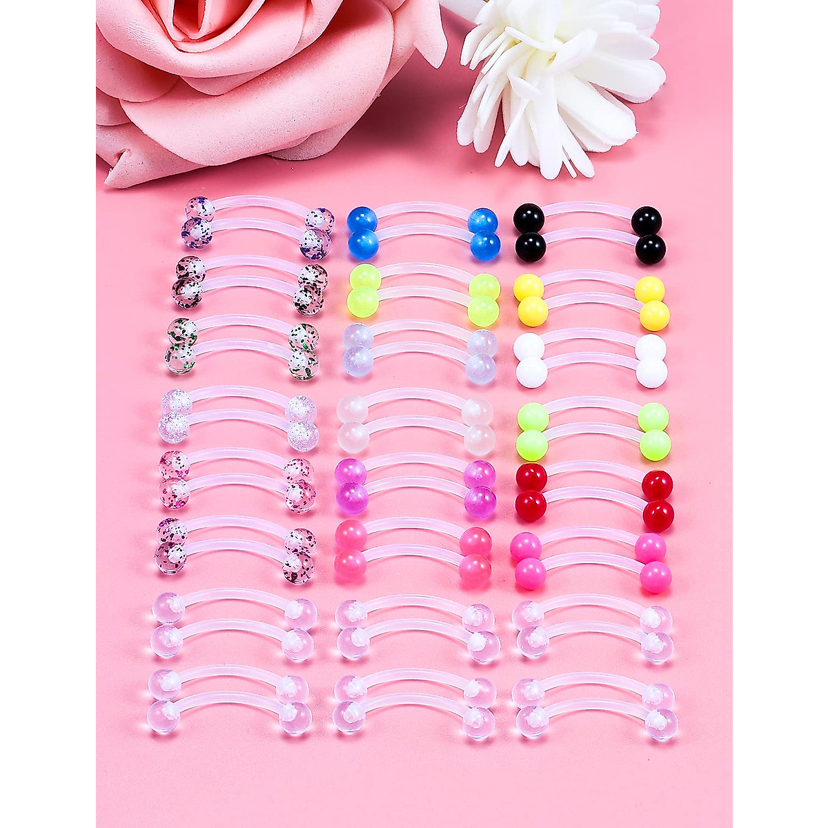 Oufksiyy 48PCS 14G Tongue Rings Glitter Bioflex Flexible Acrylic Curved Barbell Snake Eyes Tongue Nipple Ring Body Piercing Jewelry Retainer for Women Glow in The Dark Bridge Tongue Rings