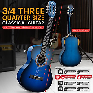 Pyle Beginner Acoustic Guitar Kit, 3/4 Junior Size All Wood Build Nylon String Instrument with Capo, Gig Bag, Strap, Extra String Set, Guitars for Beginners Adults and Youth, 36" Blue Burst Gloss