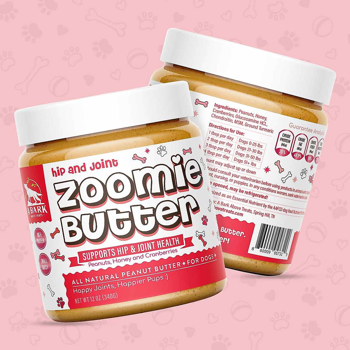 Zoomie Butter Hip & Joint Dog Peanut Butter Spread Supplement, All Natural Dog Treat. Human Grade & Safe Anti Inflammatory Puppy Food, Peanuts & Turmeric for Pain, Stiffness, Grown & Made in USA