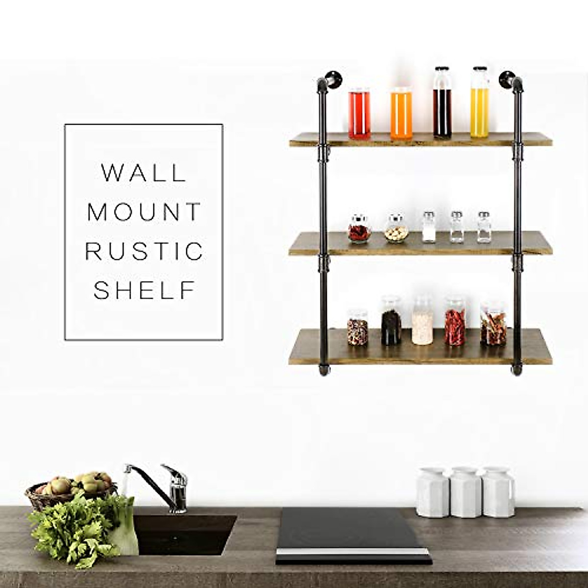 YU YUSING 3 Tier Industrial Pipe Wall Shelf, Rustic Floating Bar Shelves, Wood and Metal Bookshelves for Bedrooms, Bathroom and Kitchens Shelving