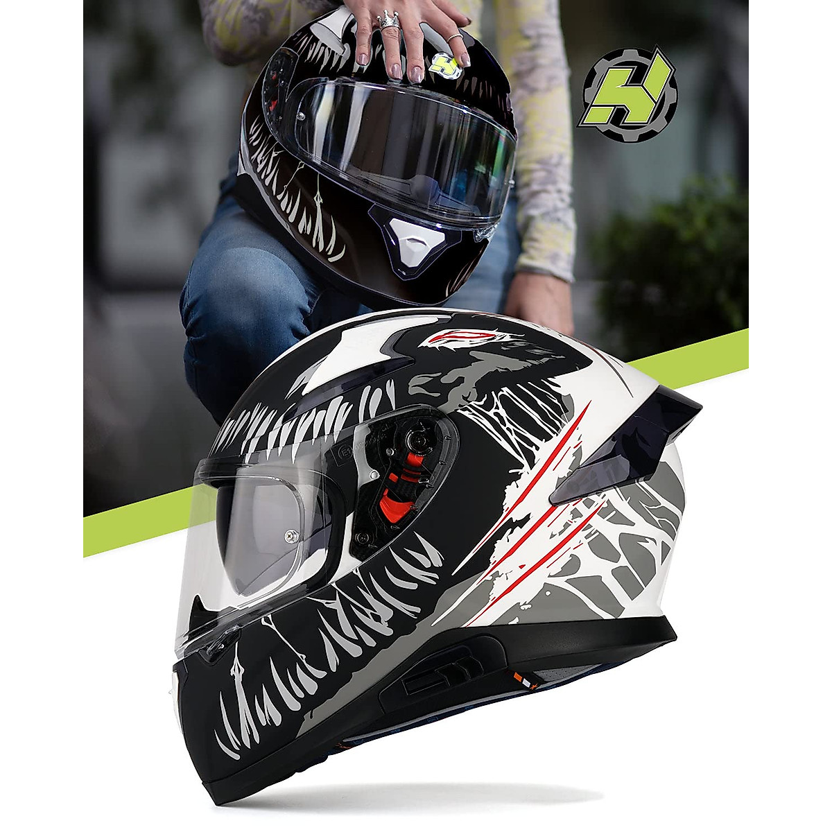 HAX Full Face Motorcycle DOT Approved Helmet with Dual Rear Wing and Pinlock Ready - Lightweight and Durable Motorbike Street Bike Helmet for Adults (Impulse Devour Black,XL)