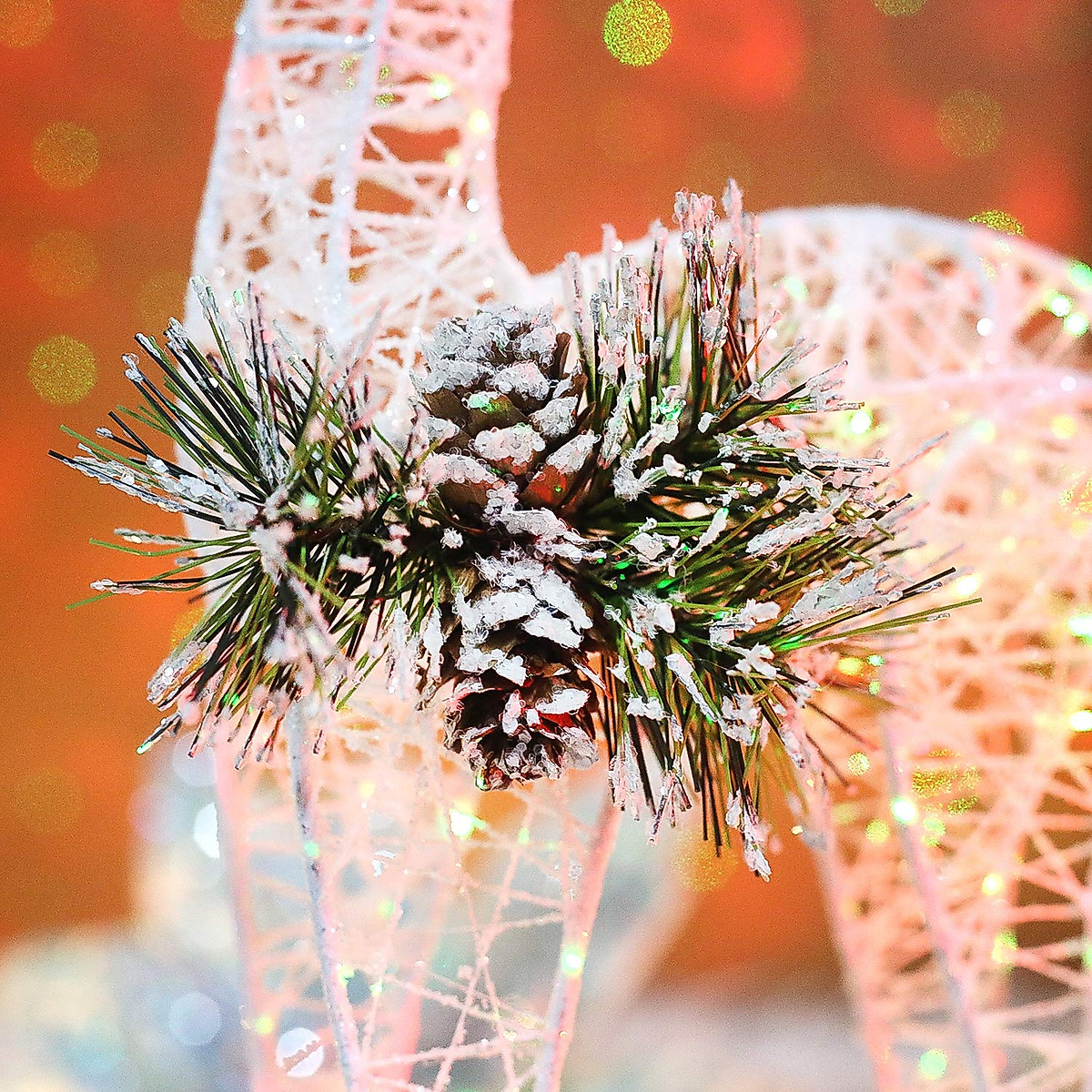 ZHANYIGY 2pc Set White Pinecone Rattan Thread String Christmas Reindeer Figurine Table Desk Decorations Glittering Xmas Holiday Party Supply