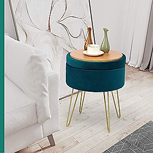 YITAHOME Modern Velvet Upholstered Round Storage Ottoman Footrest Vanity Stool with Gold Metal Legs & Tray Top Coffee Table Having 17.5” Height and Holds Upto 330 Lbs (Teal)
