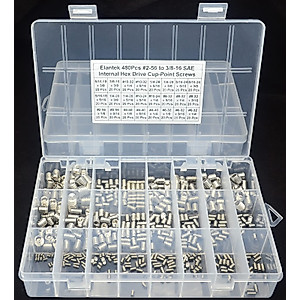 Elantek 24 Kinds #2-56 to 3/8-16 SAE 304-Stainless Steel Internal Hex Drive Cup-Point Set Screws Assortment Kit