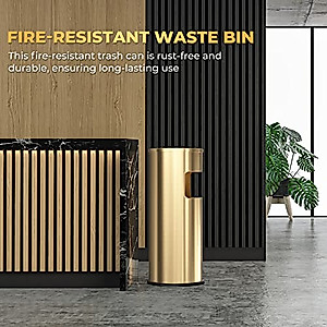 POWLAB Trash Can Outdoor Waste Container Round Stainless Steel Trash Can with Removable Inner Bucket for Disposal Commercial Waste Container 9.8 x 24-Gold Tone
