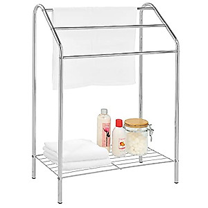 MyGift Silver Chrome Metal Freestanding Towel Rack for Bathroom Laundry Room Spa with 3 Tiered Bars and Storage Shelf, Clothes and Towel Drying Rack Stand