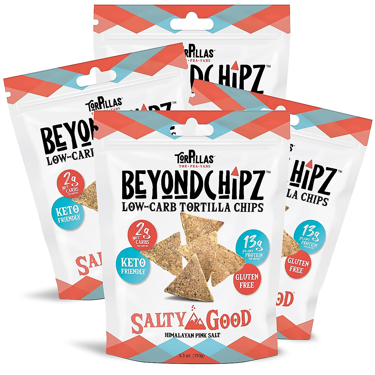 BeyondChipz Low Carb Tortilla Chips, Salty Good, Keto Friendly, Gluten Free, 5.3oz Bag, Pack of 4