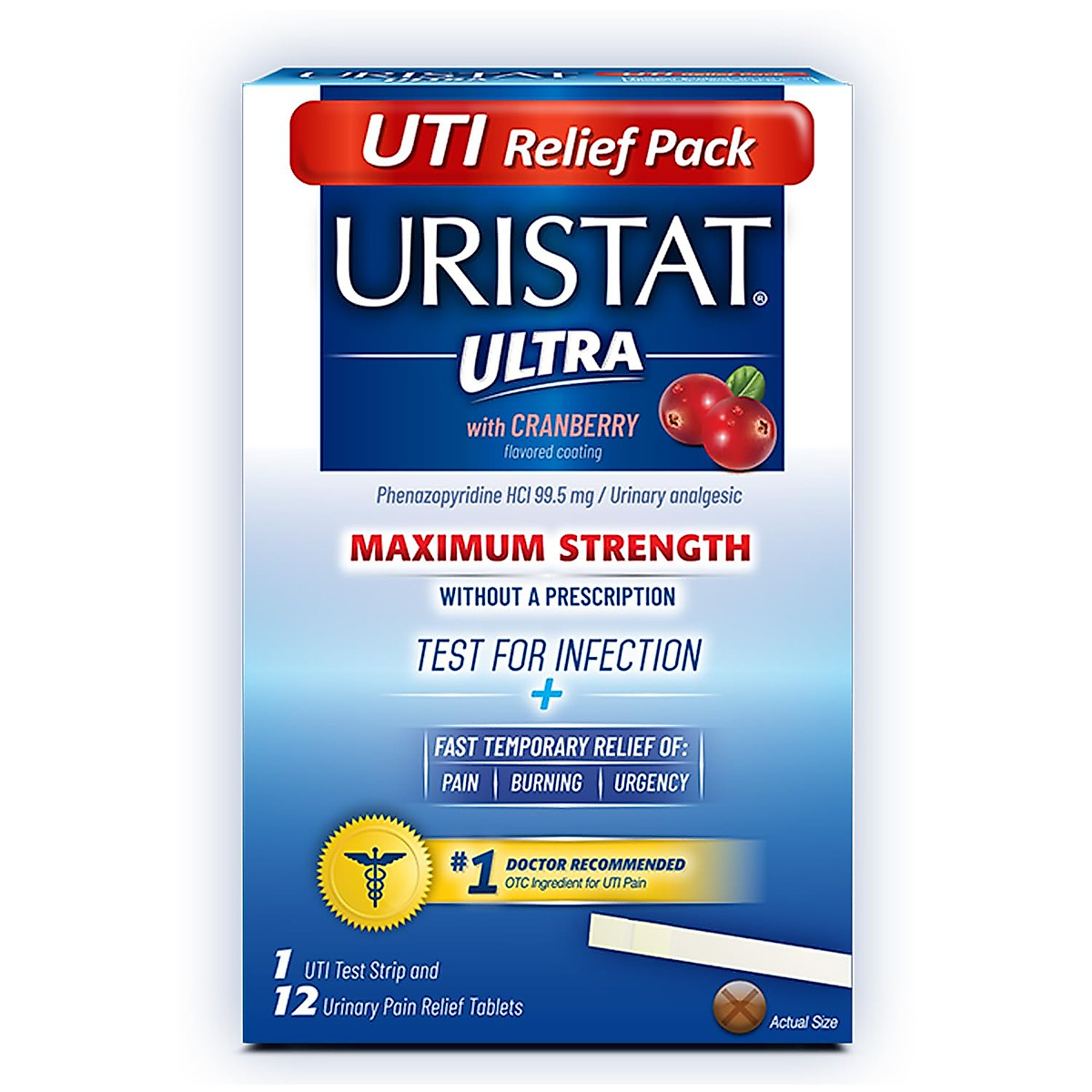URISTAT Ultra UTI Relief Pak, UTI Treatment for Women and Men, 1 UTI Test Strip and 12 UTI Treatment Tablets, 1 Box