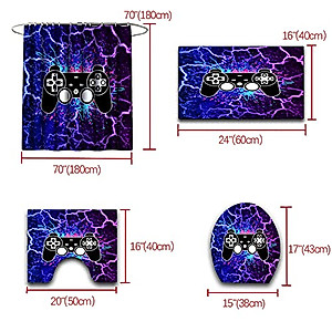 4Pcs Boys Shower Curtain Set for Bathroom Gaming Decor, Game Bathroom Sets with Gamepad Bath Rugs Toilet Lid Cover, Purple Lightning Painting Gaming Shower Curtain Washable, Blue (70 x 70 Inch)