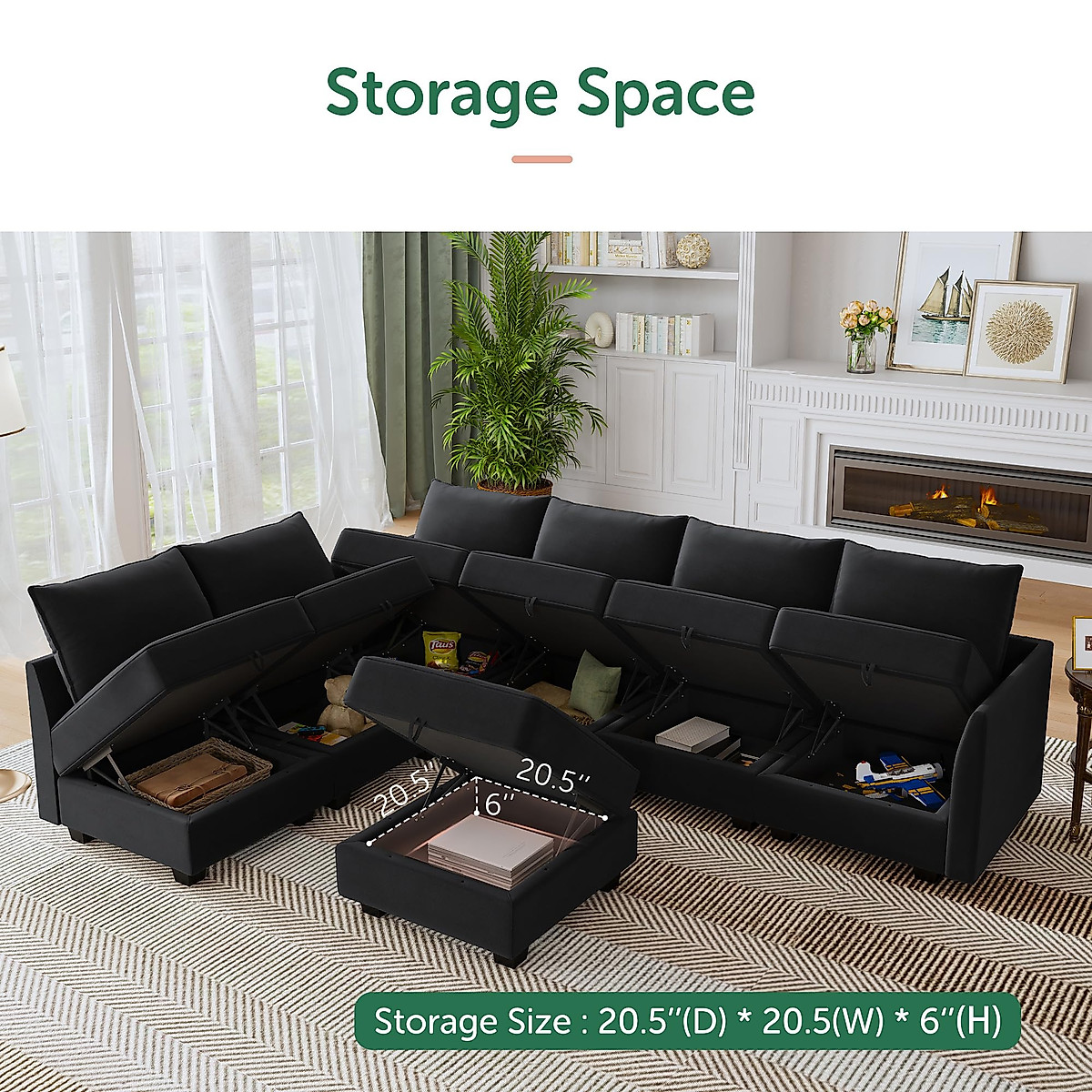 HONBAY Modular Sectional Sofa with Storage Ottoman Velvet Modular Couch with Reversible Chaise L Shape Sectional Couches for Living Room,Black