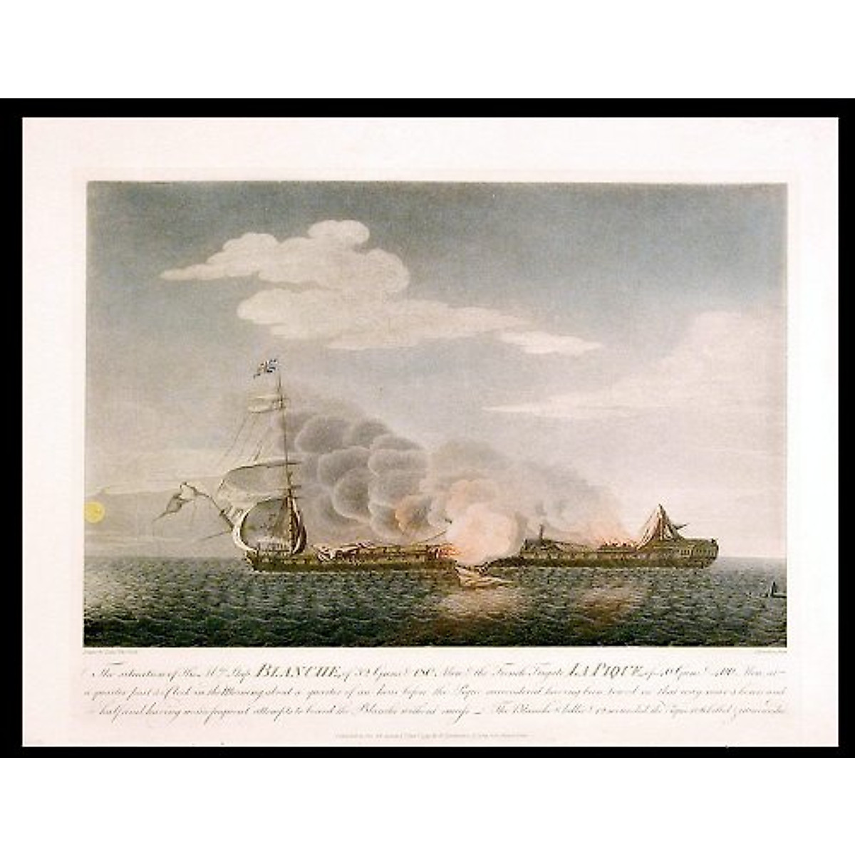 The situation of His Mtys. Ship Blanche, of 32 Guns & 180 Men, & the French Frigate La Pique, of 40 Guns & 400 Men, at a quarter past 5 o'Clock in the Morning, about a quarter of an hour before the Pique surrendered, having been towed in that way near 3 h
