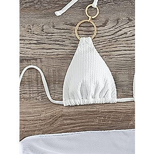 WDIRARA Women's Ring Halter Triangle Bikini Swimsuit 3 Piece Tie Back with Cover Up Bathing Suit White XXL