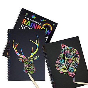 BESTING Scratch Art Notebooks 3 Pack 10.2 x 7.5 inches Rainbow Magic Scratch Off Paper Set Drawing Arts Crafts Black Scratch Books for Kids' Birthday Gifts Party Favors Christmas Presents (PRB330)
