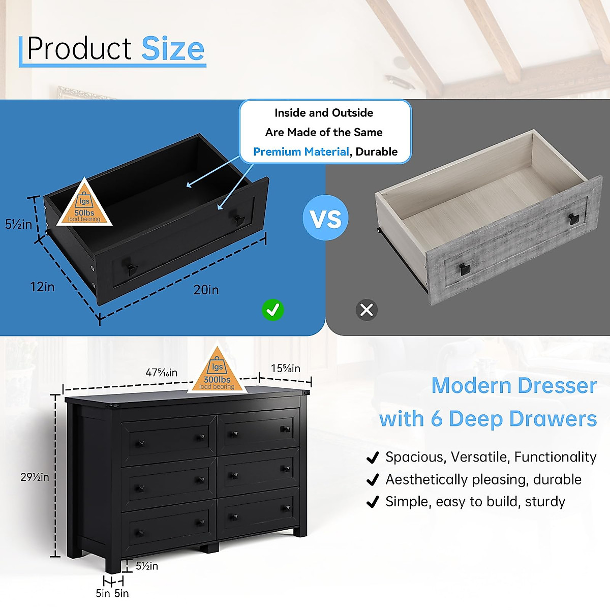 HUANLEGO Black Dresser for Bedroom with 6 Drawers, Modern Chest of Drawers, Wood Dressers Bedroom Furniture Wide Storage Drawers Dressers Organizer for Closet, Living Room, Hallway