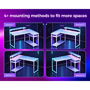 MOTPK White L Shaped Gaming Desk with Power Outlet, Reversible Computer Desk with Height Adjustable Monitor Stand, Coner Desk 43inch with LED Lights, Home Office Desk