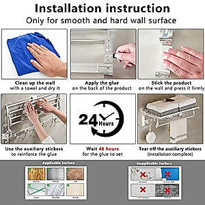 Towel Rack with Towel Bar for Bathroom Wall Mount,Foldable Toalla Holder with Hooks,Hotelier Rustproof Adjustable Bath Towels Shelf,No Drill,24 Inch Polished Silver