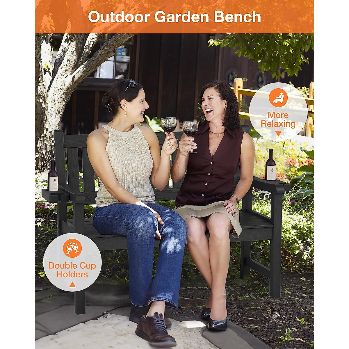 YEFU Outdoor Bench, 2-Person Garden Benches, All Weather HIPS Patio Seating Bench with 2 Cup Holders, Patio Park Bench for Patio, Front Porch, Outdoors, Backyard, and Park, Load up to 800 Lbs, Black