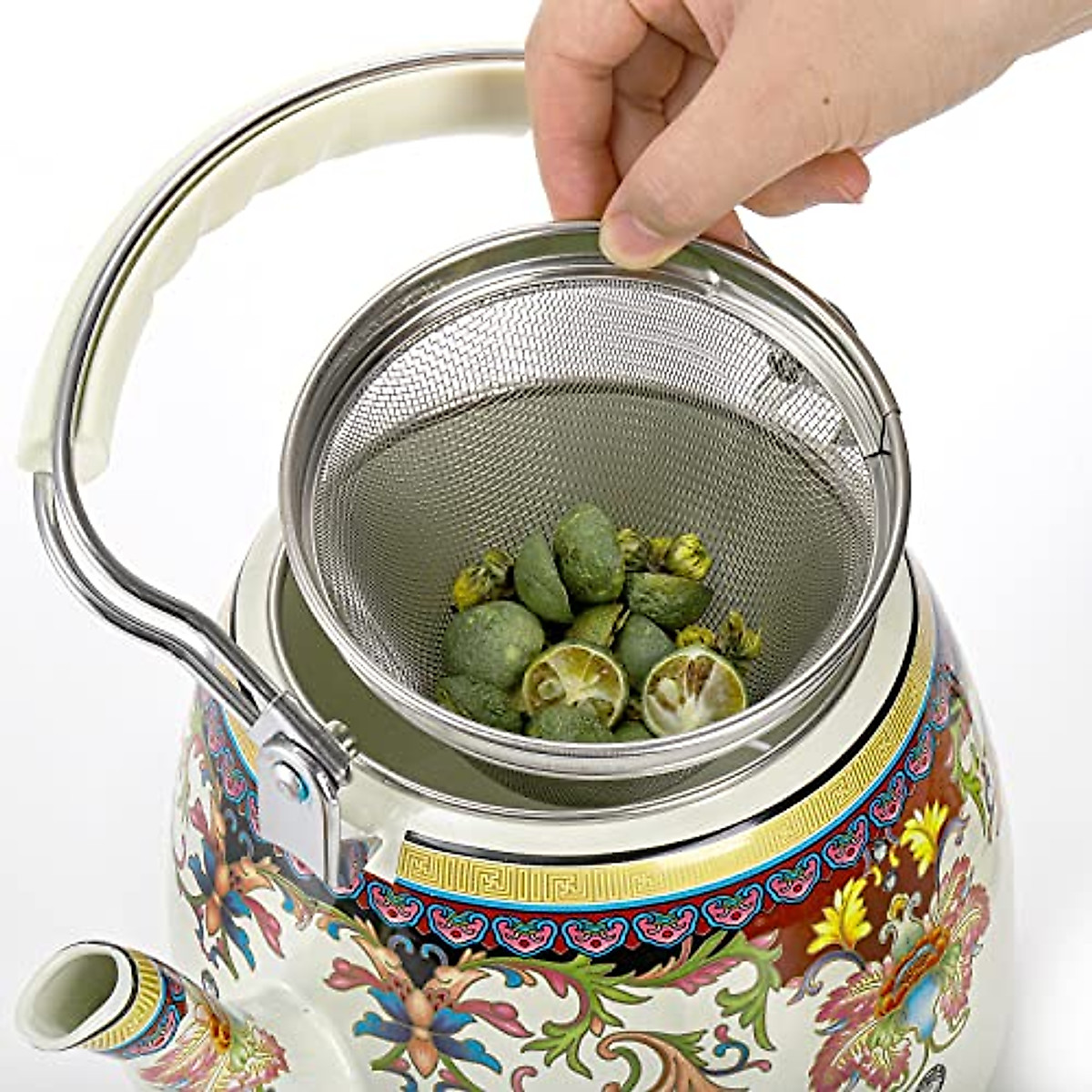 Yarlung 3.3L Enamel Tea Kettle with Tea Infuser, Vintage Floral Teakettle for Stovetop, Colorful Enamel on Steel Teapot with Handle for Hot Water, No Whistling