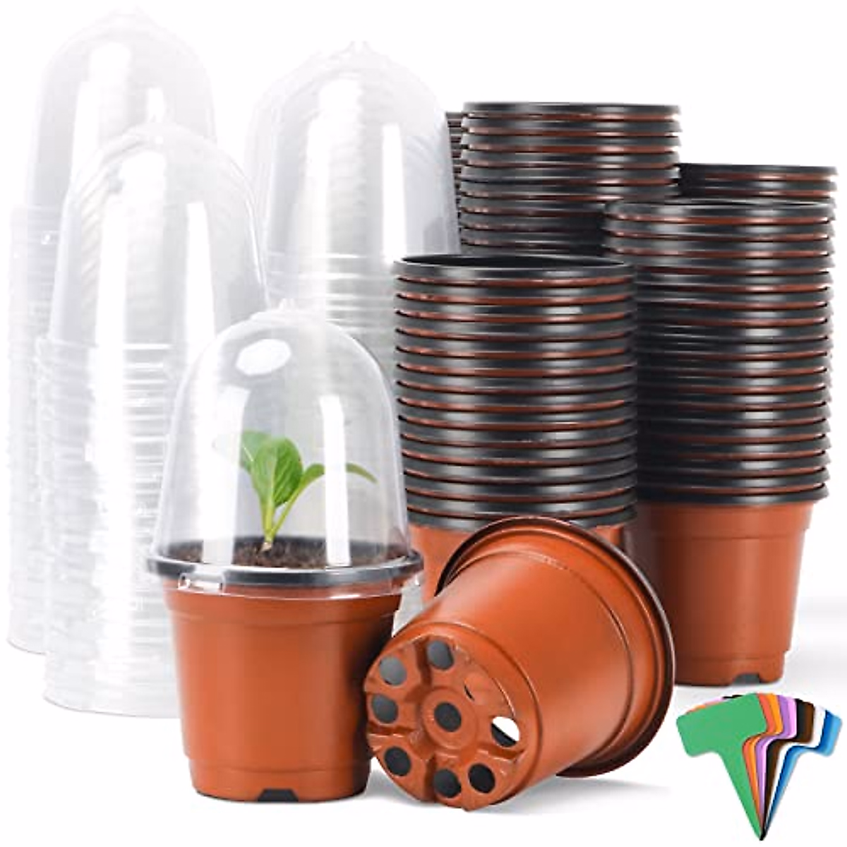 BEWAVE Plant Nursery Pots with Humidity Dome, 100 Sets Indoor Gardening Pot Planting Containers Starter Seed Starting Containers Planters with 100 Pcs Plant Labels, 3.5"