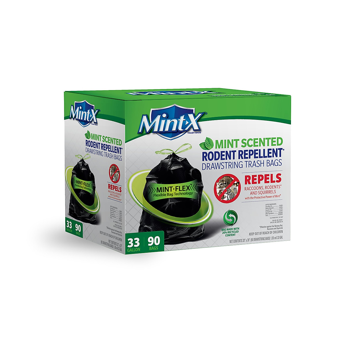 Mint-X Rodent Repellent Outdoor Home and Industrial Trash Bags with Drawstring & Mint-Flex Technology; 33 Gallon, 90 Count, Black