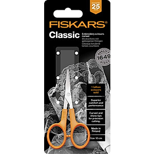 Fiskars Embroidery Curved, Length: 10 cm, For Right- and Left-handed Users, Stainless Steel Blade/Plastic Handles, Orange, Classic, 1005144