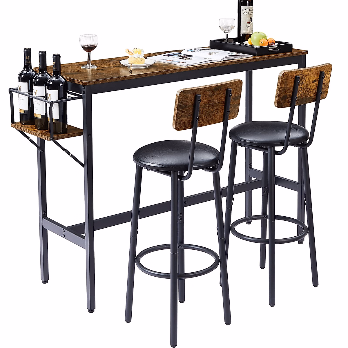 GNIXUU Bar Table and Chair Set for 2, 3-Piece Wooden Pub Dining Set with Folding Wine Rack, Industrial Kitchen Counter Height Table with 2 PU Stools for Breakfast Nook Bistro Small Space(Brown)