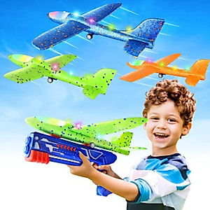 Airplane Toys Foam Aeroplane Activities Glider Planes Launcher Flying Led Light Catapult Games Kit Outdoor for Boys Girls Kids 3 4 5 6 7 8 Year Olds age 4-10 Presents Birthday 3 Pack