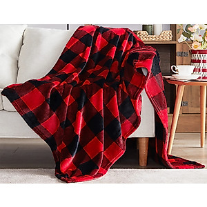 Touchat Fleece Throw Blankets, Buffalo Plaid Throw Blanket for Couch Sofa Bed, Soft Warm Fuzzy Cozy Plush Checkered christmas blanket, Lightweight Farmhouse Decor 50" x 60" (Red & Black)