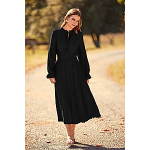 PRETTYGARDEN Women's 2024 Fall Midi Dress Casual Long Sleeve V Neck Swiss Dot Pleated A Line Flowy Dresses (Black,Medium)