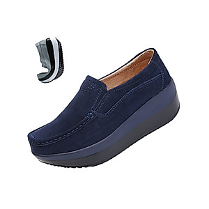 AngryMonkey Women's Fashion Platform Sneakers High Hidden Heel Wedge Moccasin Slip-on Casual Low Top Non-Slip Walking Shoes (8.5,Dark Blue,8.5,Women)