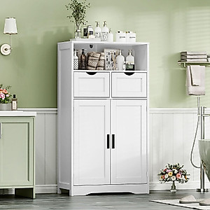 Iwell Storage Cabinet, Bathroom Cabinet with 2 Drawers & Adjustable Shelves, Bathroom Storage Cabinet with Doors for Living Room, Kitchen, Home Office, White