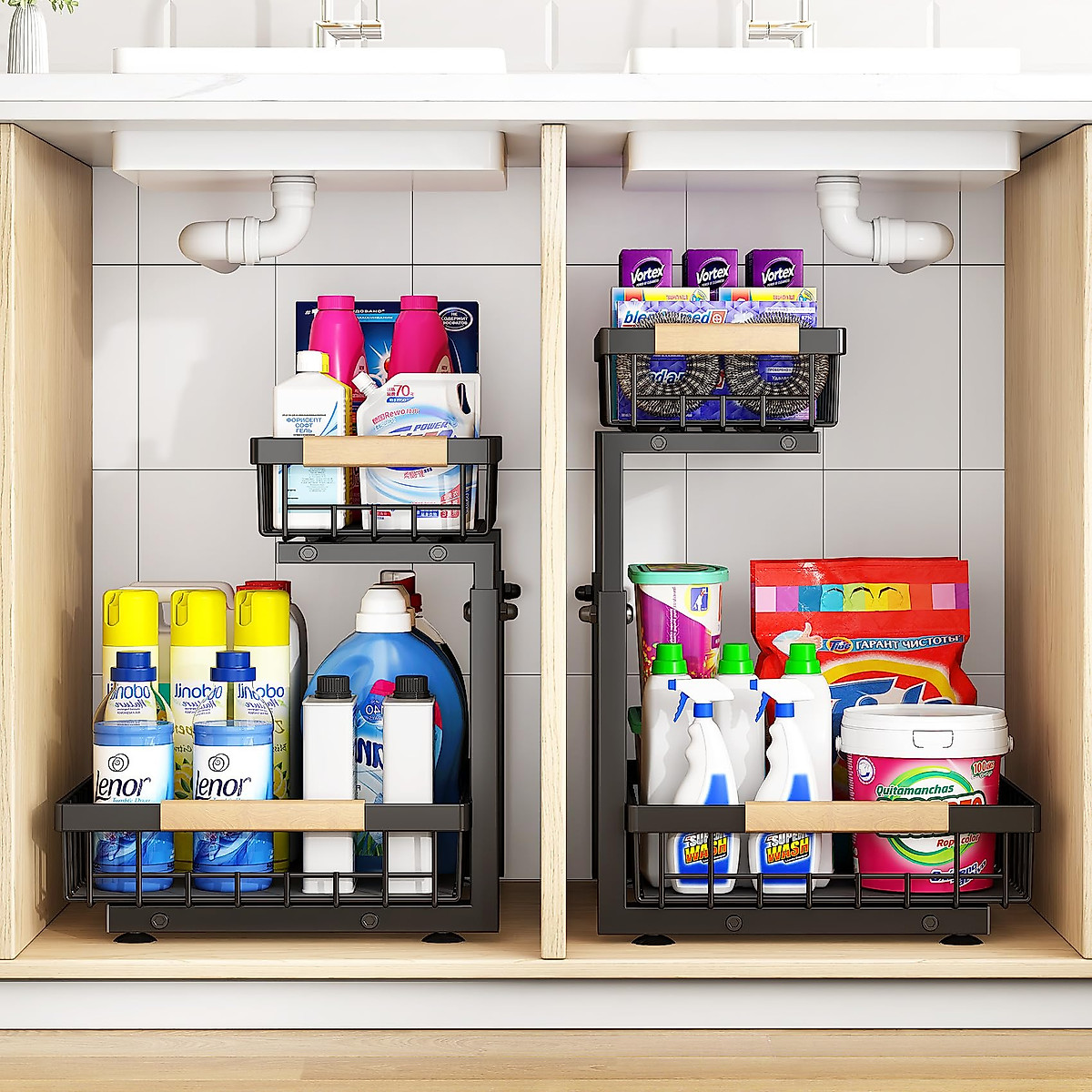 PXRACK 2 PACK Under Sink Organizer,Adjustable Height,2 Tier Pull Out Under Cabinet Organizer,Thickened Metal Shelf,Slide Out Under Sink Storage for Kitchen Bathroom Cabinet Laundry