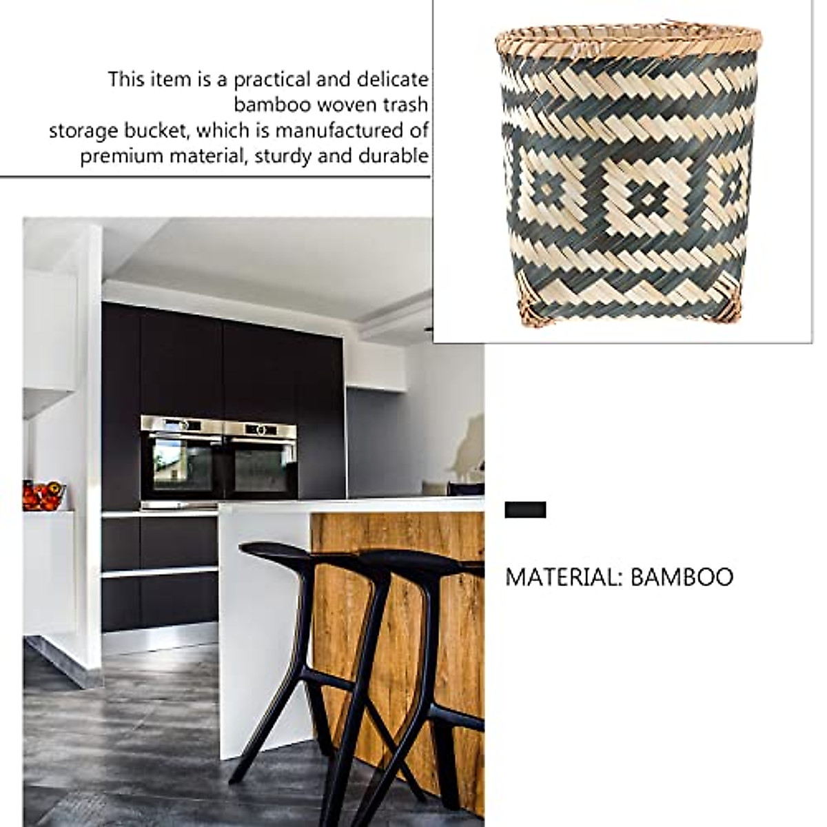 Zerodeko Bamboo Woven Trash Basket, Round Rustic Farmhouse Trash Can Woven Wastebasket Office Paper Wastebasket Woven Storage Basket for Living Room