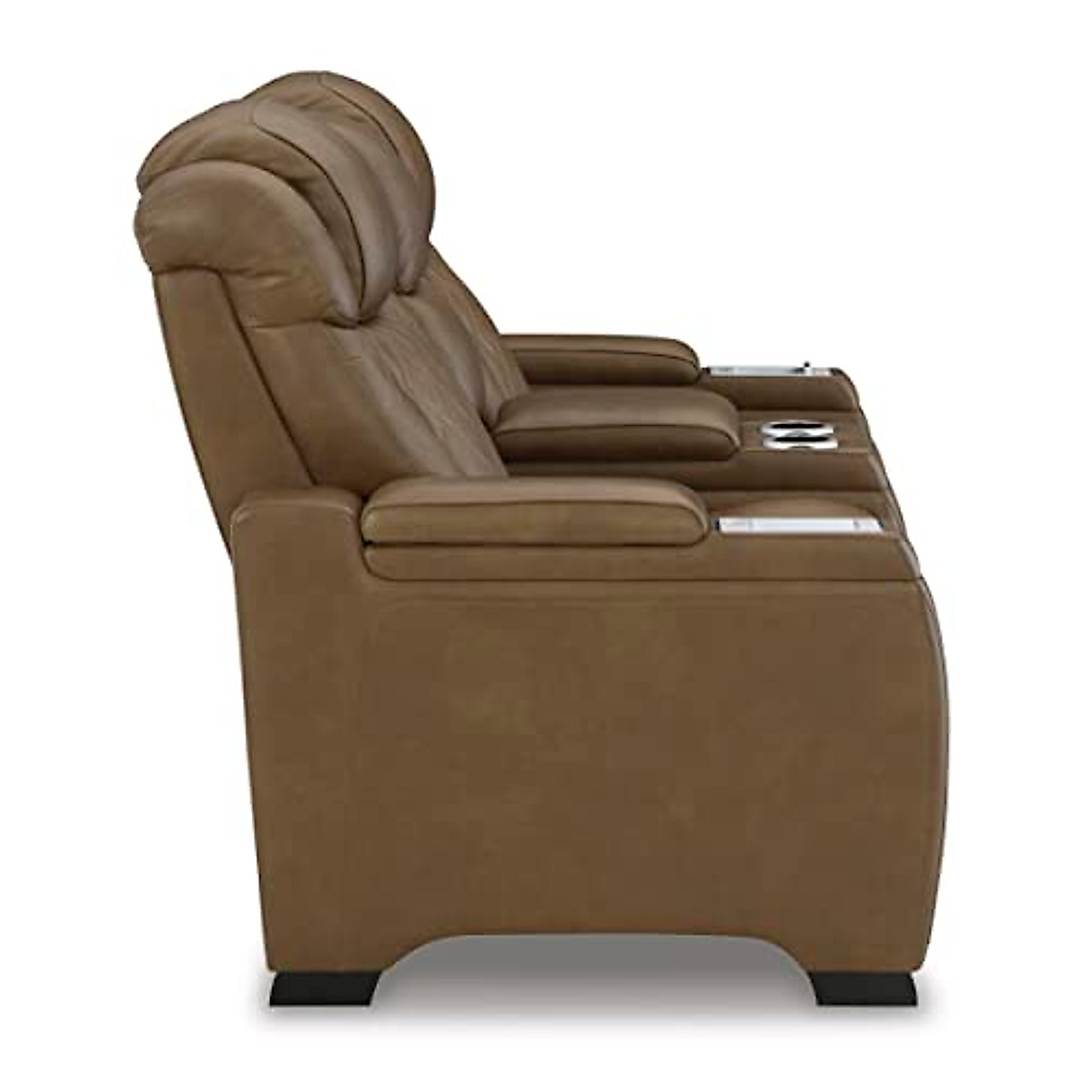 Signature Design by Ashley Strikefirst Contemporary Tufted Leather Power Reclining Loveseat with Console and Adjustable Headrest, Light Brown