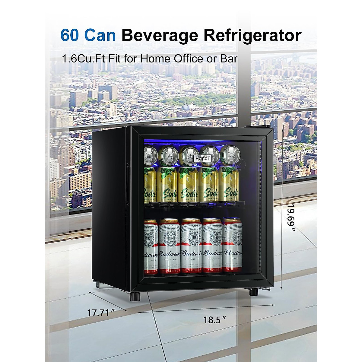 Beverage Refrigerator Cooler 60 Can Cooler Fridge Glass Door for Beer Drinks Wines Juice, 1.6 Cu. Ft Adjustable Shelves Blue LED Lights and User Friendly Temperature Knob for Home Office Dorm Bar