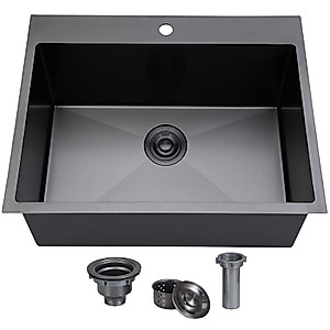 SHACO 25x22 Inch Black Drop In Kitchen Sink, 25 Inch Gunmetal Black RV Laundry Utility Sink, Top Mount 16 Gauge Stainless Steel Single Bowl Deep Small Kitchen Sink