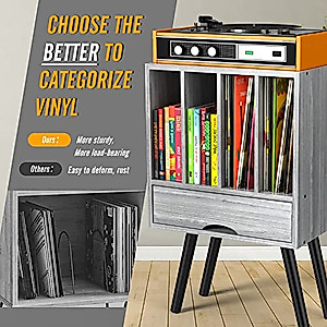 WASAIT Record Player Stand Vinyl Record Storage Table with Drawer Record Display Turntable Stand with Wood Legs 3-Tiers Vinyl Holder Cabinet for Living Room Bedroom Grey