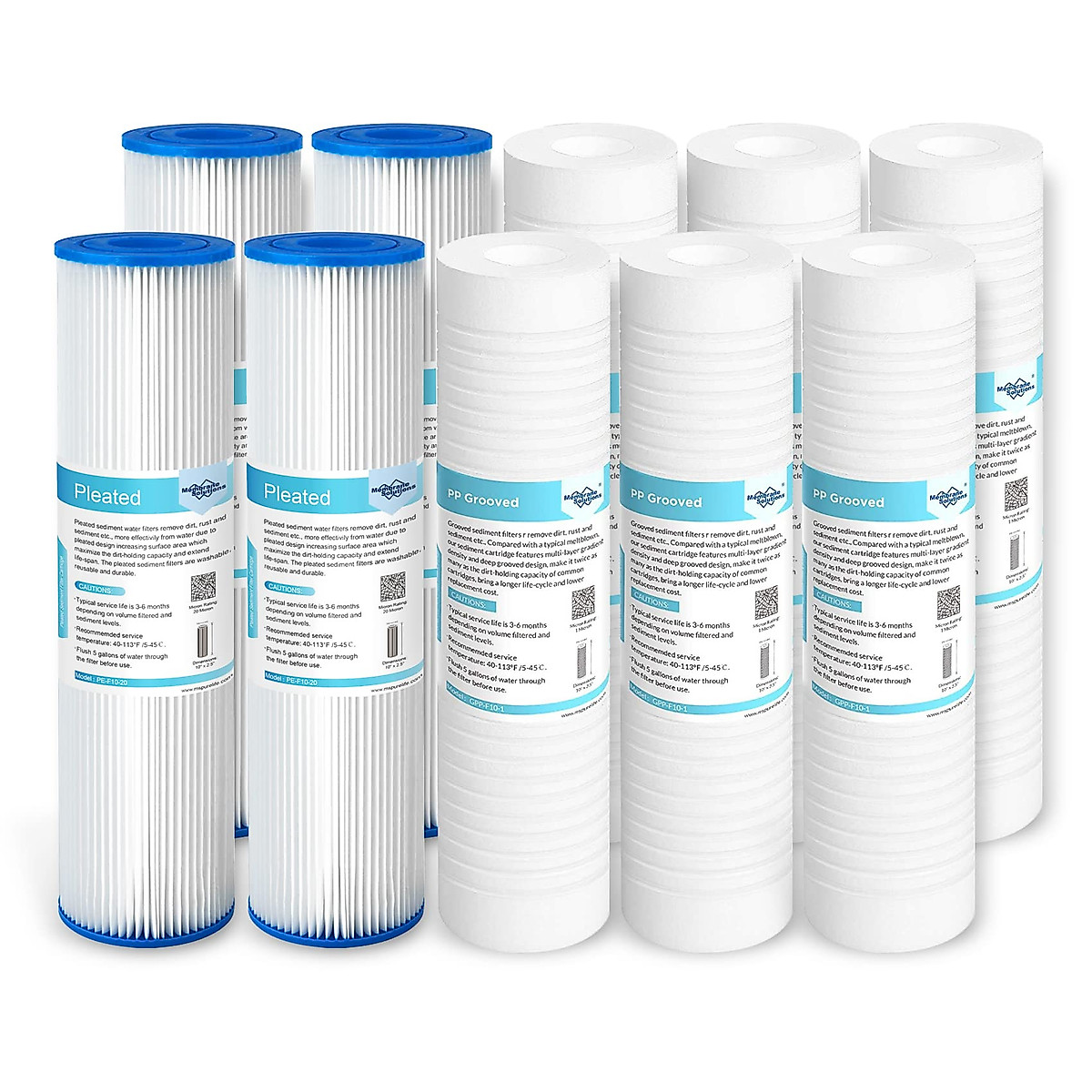 5 Micron Grooved & 20 Micron Pleated Sediment Water Filter Cartridge by Membrane Solutions, 10"x2.5", 10 Pack