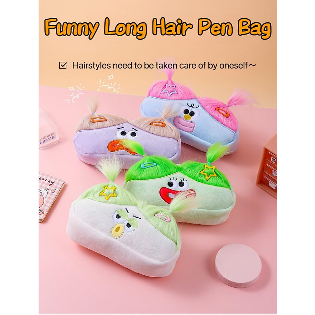 XZR Cute DIY Pen Bag Case Box Stocking Stuffers Cute Creative Long Hair Doll Colorful Cartoon Large Capacity Zipper Organizer Storage Bag Box Nice Gift (Blue)